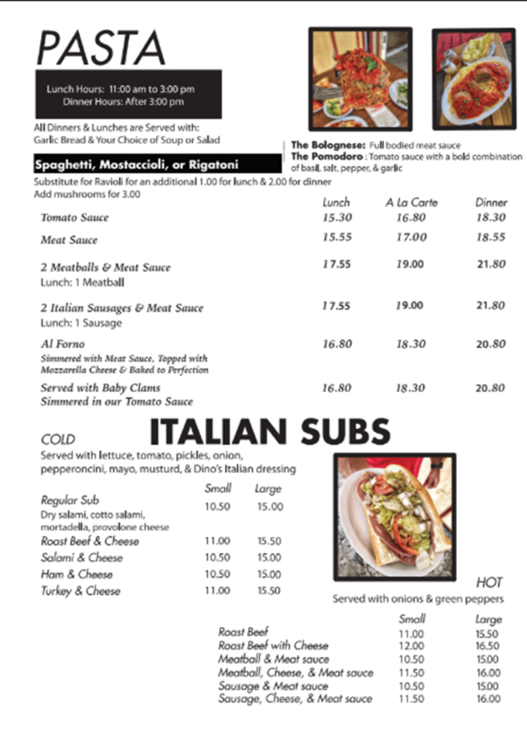 Menu - Westminster's Favorite Dino's Italian Restaurant